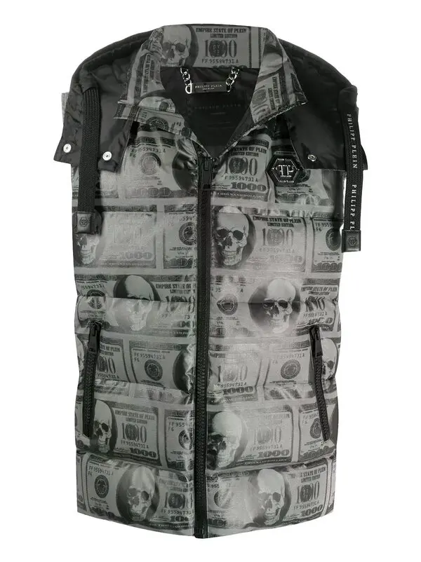 Philipp Plein Skull Dollar Print Puffer Vest - Grey