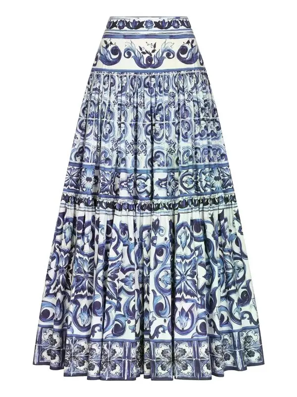 Dolce & Gabbana Majolica Print Pleated Maxi Skirt - Blue