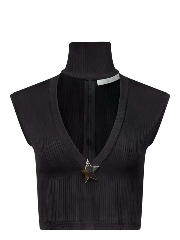 AREA Star-stud Rib-knit Crop Top - Black