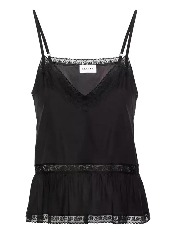 P.a.r.o.s.h Lace Trimmed V-neck Silk Tank Top - Black