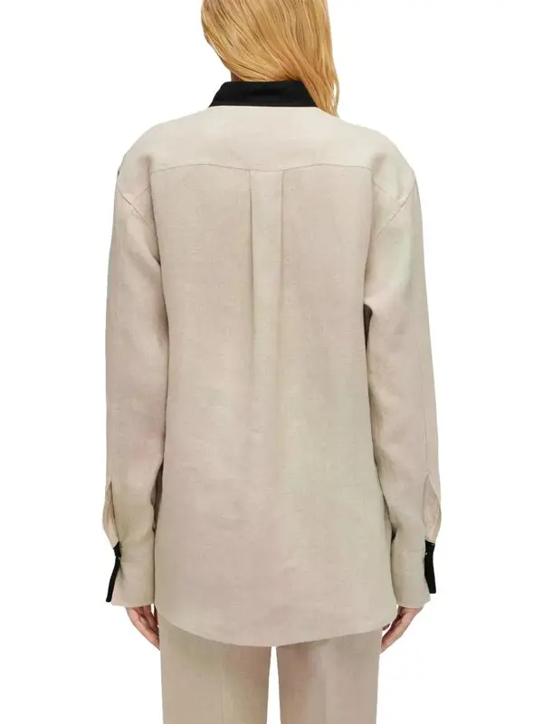 FERRAGAMO Embroidered Linen Band Collar Shirt - Neutrals