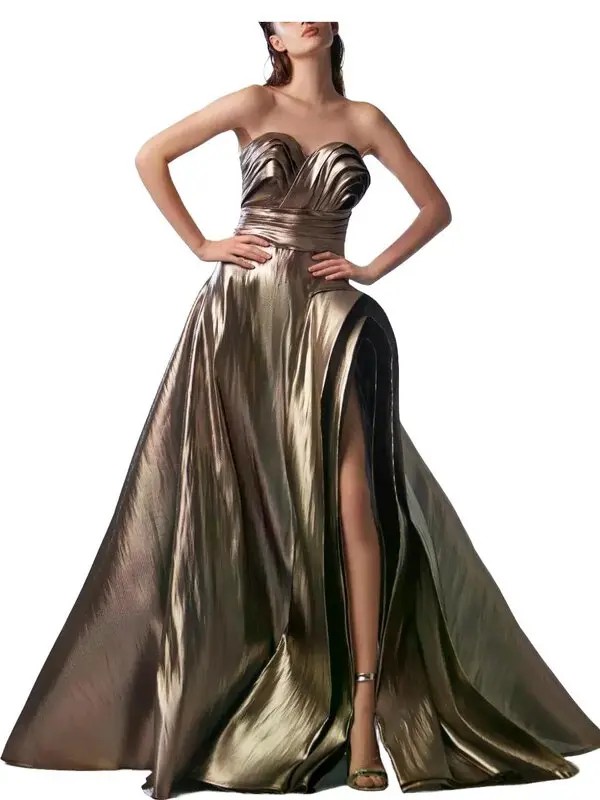 GABY CHARBACHY Strapless Draped Gown With High Slit - Gold