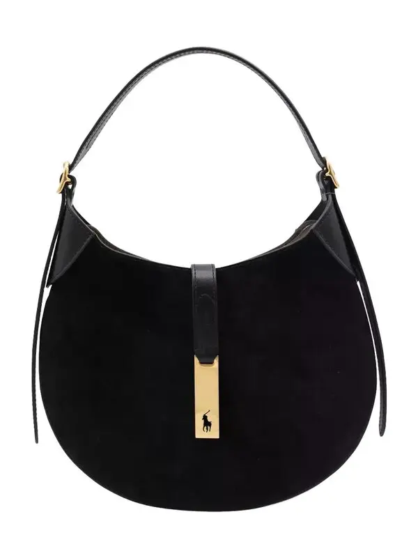 Polo Ralph Lauren Suede Shoulder Bag With Gold-tone Logo Plaque - Black