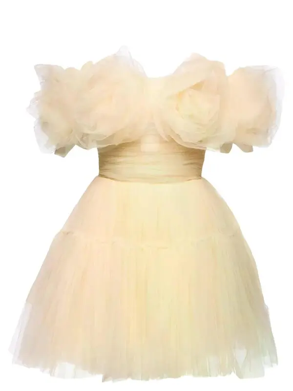 ANA RADU Off-shoulder Ruffled Floral Appliqué Tulle Dress - Neutrals