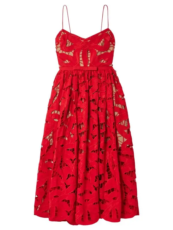 SELF-PORTRAIT Bow-detailed Cotton-guipure Lace Midi Dress - Red