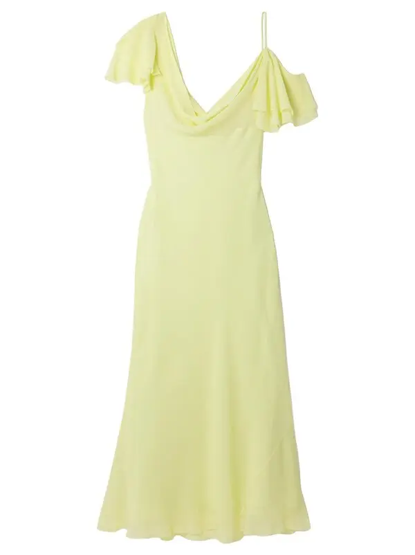 SELF-PORTRAIT Asymmetric Ruffled Draped Georgette Midi Dress - Yellow
