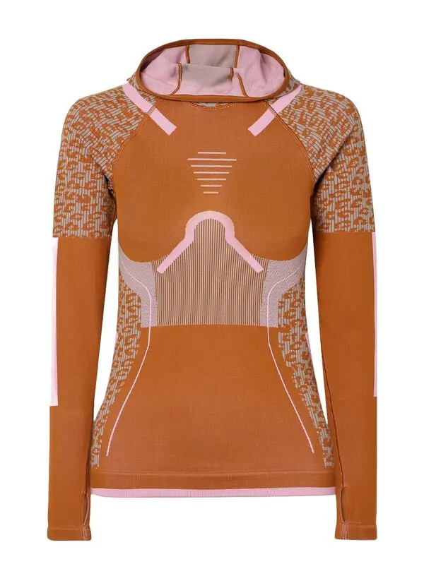 Adidas By Stella McCartney Hooded Stretch Recycled Jacquard-knit Top With Leopard Print - Orange