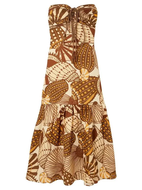Farm Rio Tasseled Shirred Printed Linen Halterneck Maxi Dress - Neutrals