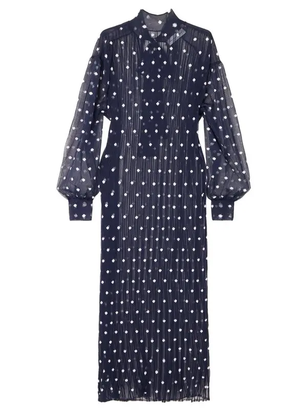 Marie Adam-Leenaerdt Polka-dot Chiffon-trimmed Ribbed-knit Midi Dress - Blue
