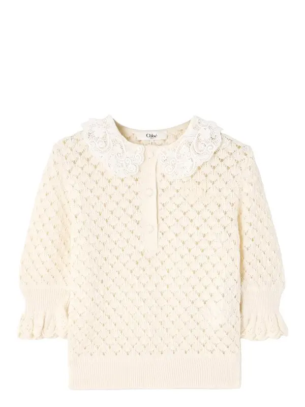 Chloé Lace-trimmed Cotton, Alpaca And Silk-blend Polo Sweater - Neutrals