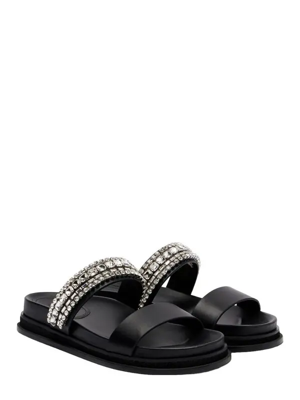 JIMMY CHOO Crystal Embellished Leather Slides - Black