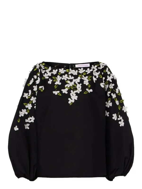 Carolina Herrera Floral-applique Cotton-blend Top - Black