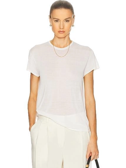 TOTEME Silk Tee With Ribbed Trim - Ecru