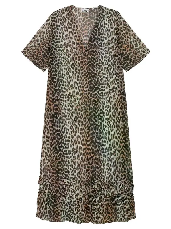GANNI Leopard-print V-neck Ruffled Dress - Neutrals