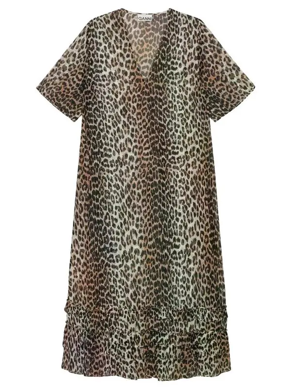 GANNI Leopard-print V-neck Ruffled Dress - Neutrals