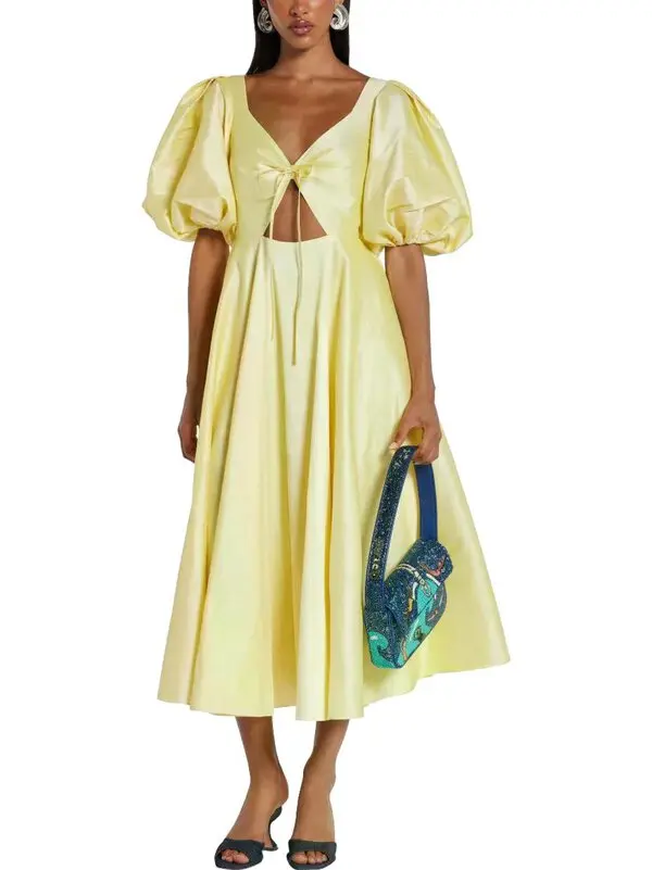 NO PISE LA GRAMA Pleated Midi Dress With Puff Sleeves - Yellow