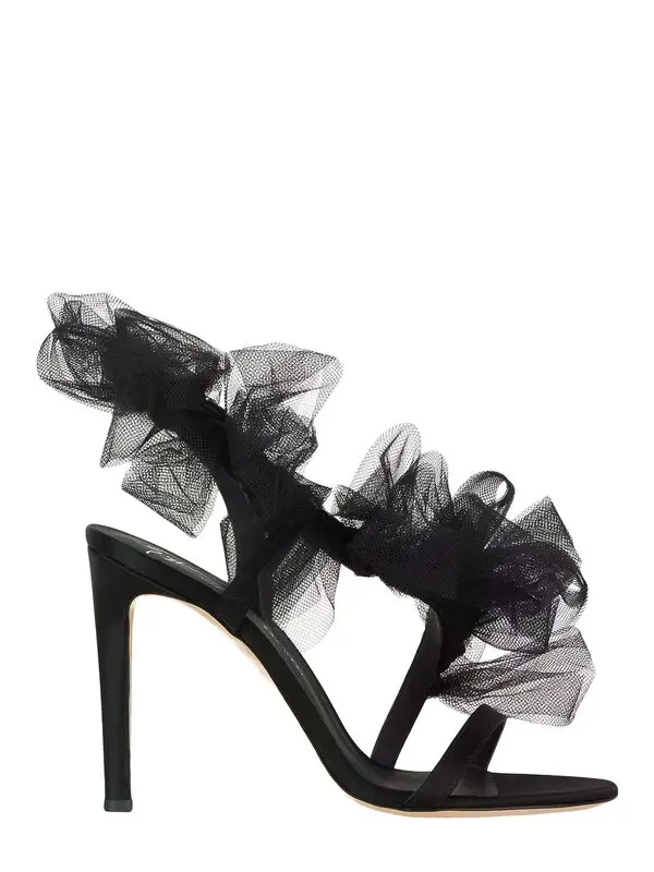 GIUSEPPE ZANOTTI Leather Tulle Trim High Heel Sandals - Black