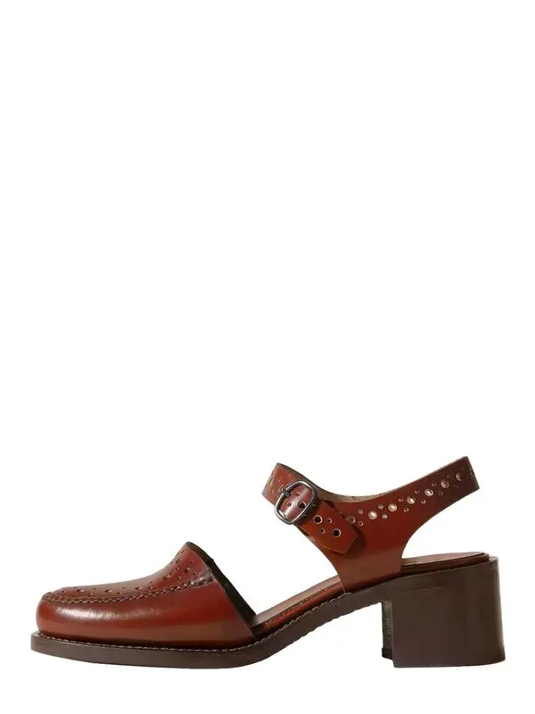 Hereu Buckled Perforated Block Heel Pumps - Brown