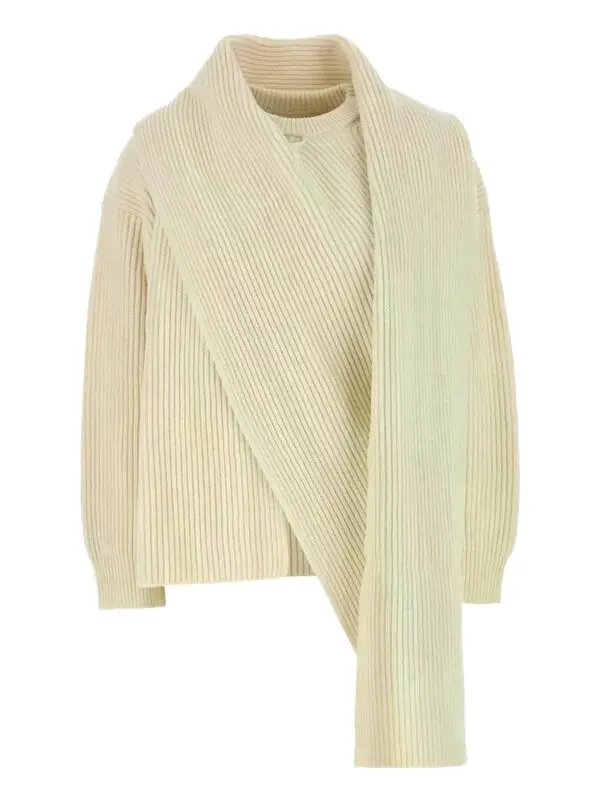 JIL SANDER Ribbed Sweater With Shawl Collar And Detachable Scarf - Neutrals