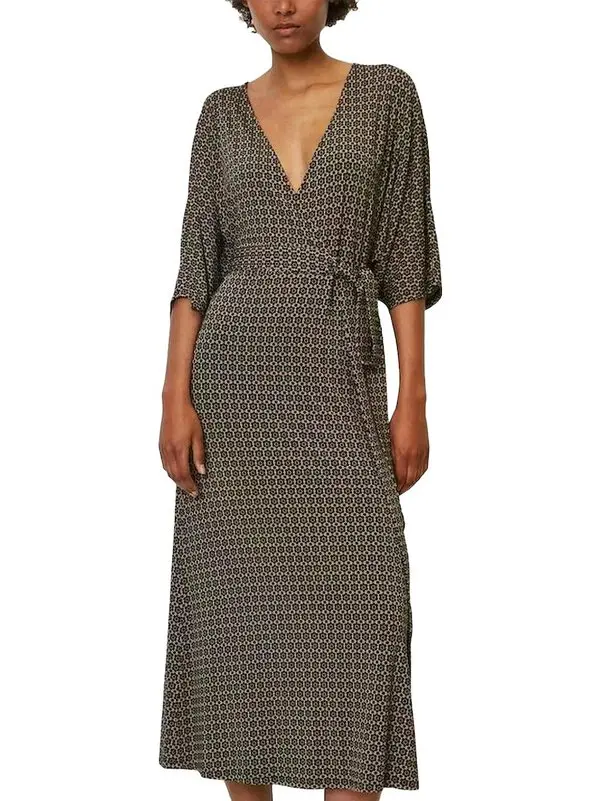 Marc O'polo Printed Midi Dress With V-neck And Belt - Brown