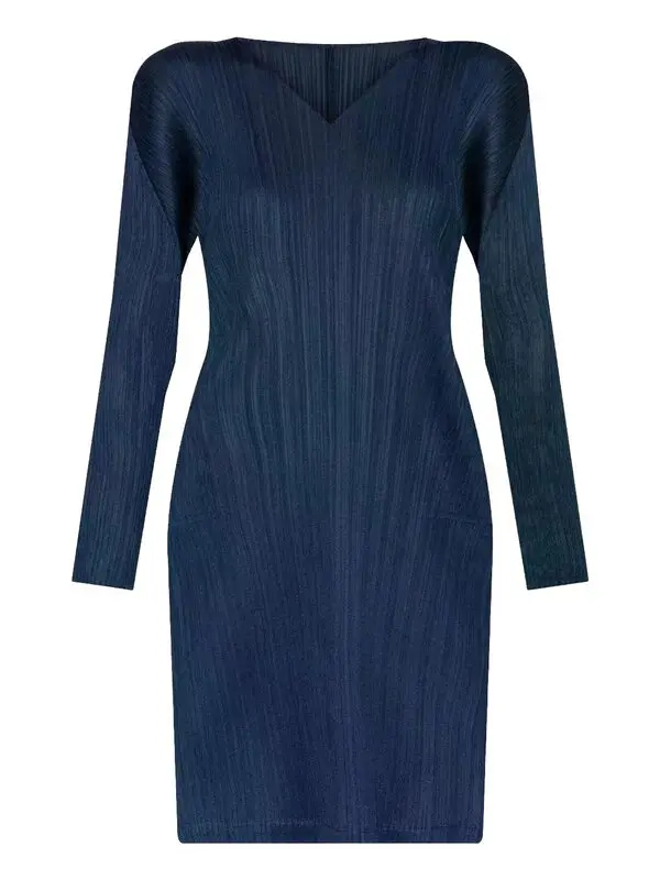 Issey Miyake V-neck Pleated Dress With Side Slits - Blue