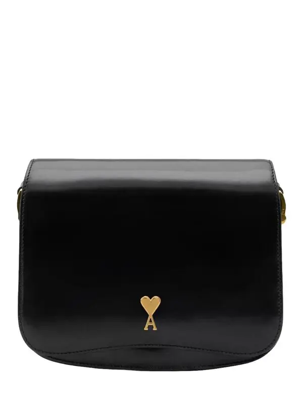AMI Paris Calfskin Leather Shoulder Bag With De Coeur Stud - Black