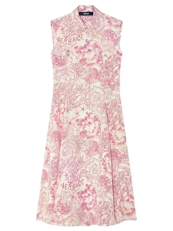 Versace Sleeveless Midi Shirt Dress With Underwater Barocco Print - Neutrals