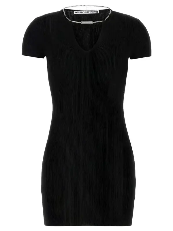 Alexander Wang Ribbed V-neck Short-sleeve Dress With Chain Detail - Black