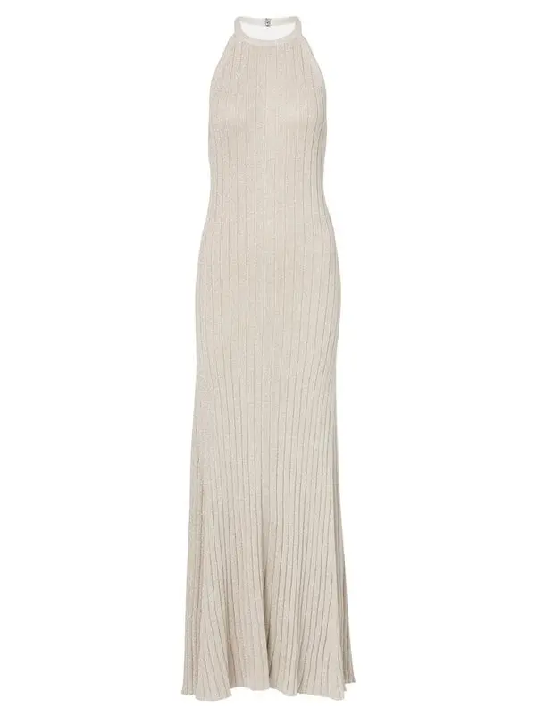 TOM FORD Ribbed-knit Halterneck Lame Maxi Dress - Silver