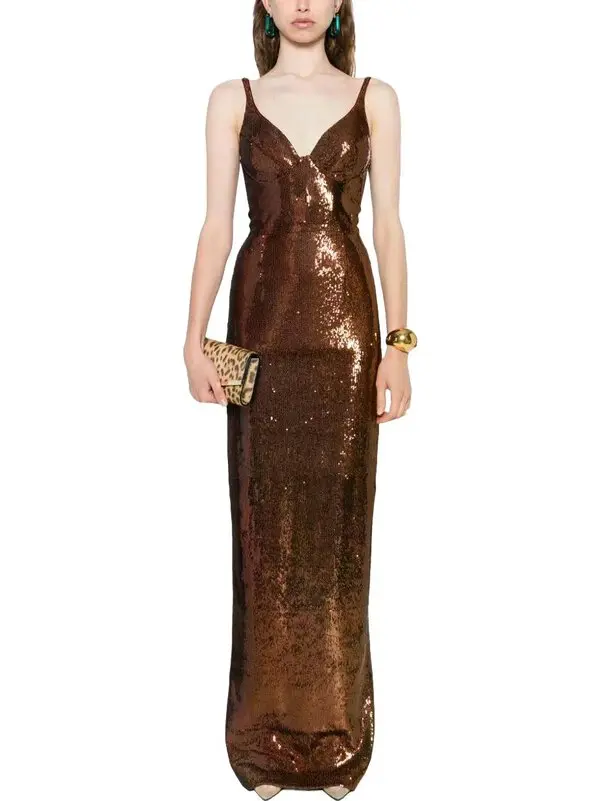SILK LOVE & LACE Anais Sequined Sweetheart Neck Maxi Dress - Brown