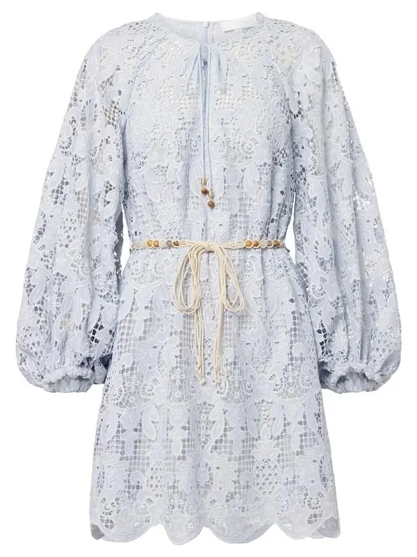 Zimmermann Belted Lace Minidress In Powder - Blue