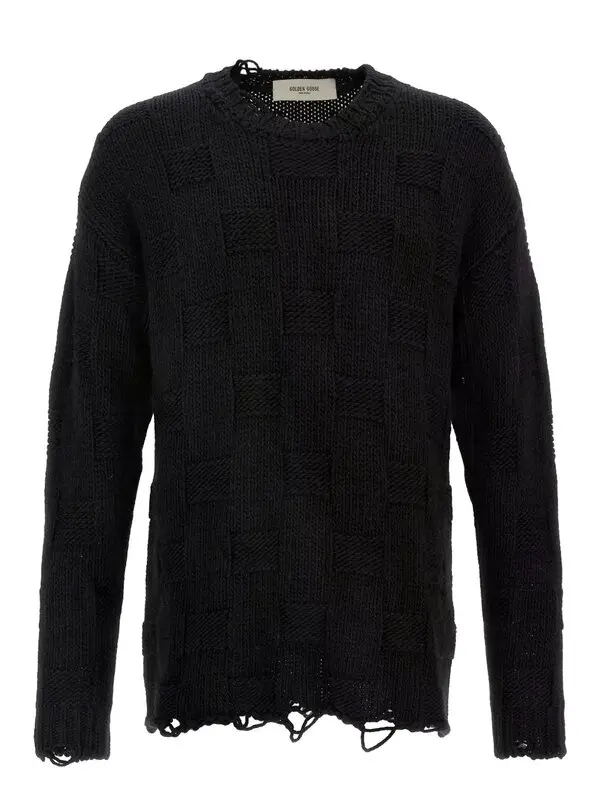 GOLDEN GOOSE Round-neck Sweater With Frayed Hem - Black