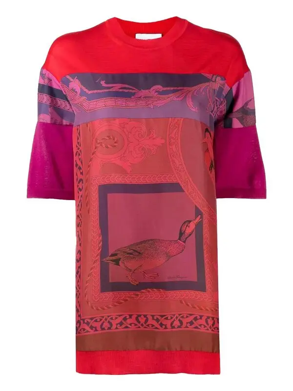 FERRAGAMO Heritage-print Long T-shirt - Red