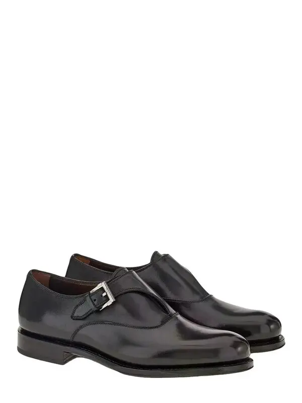 FERRAGAMO Leather Buckled Monk Strap Shoes - Black