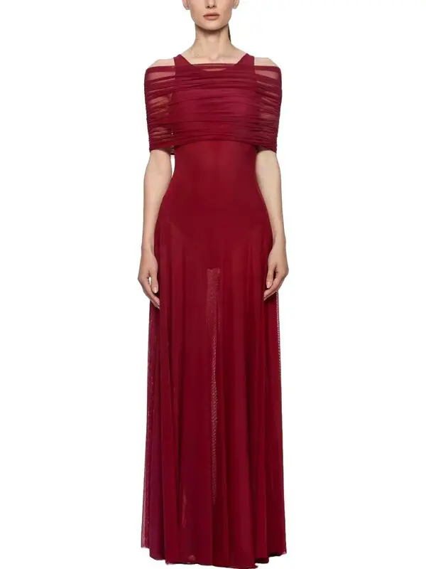 ATU BODY COUTURE Wine Mesh Overlay Gathered Waist Sleeveless Flared Dress - Red