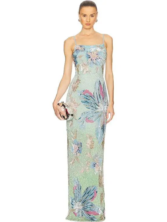 LA FUORI Cascade Floralia Fully Embroidered Gown - Mint
