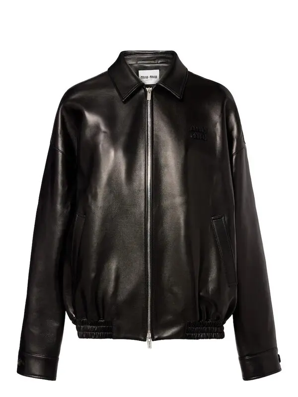 Miu Miu Logo Leather Bomber Jacket - Black