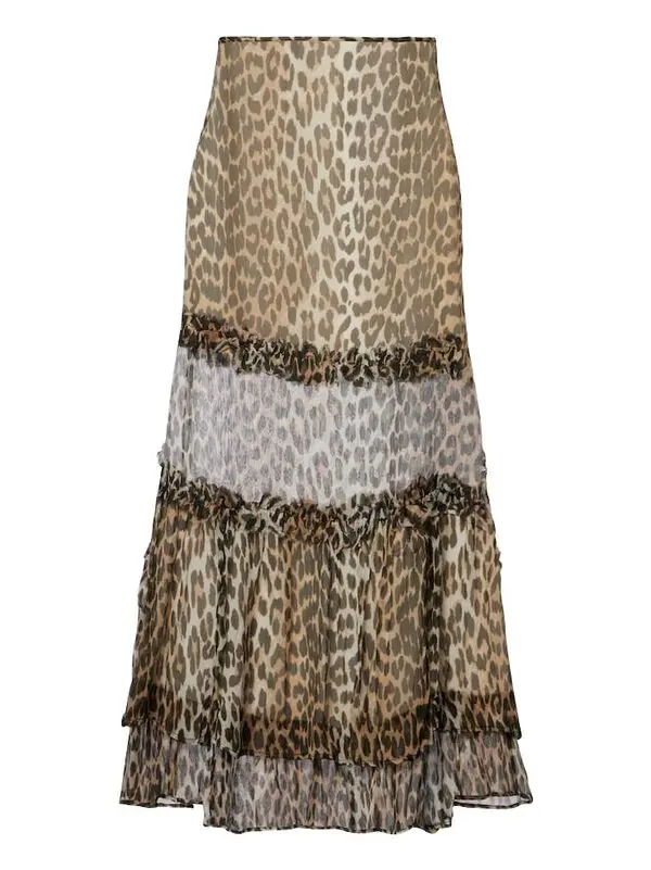 GANNI Leopard-print Ruffled Chiffon Maxi Skirt - Brown