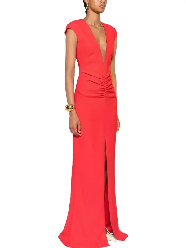 SILK LOVE & LACE Ruched Front Split Maxi Dress - Red