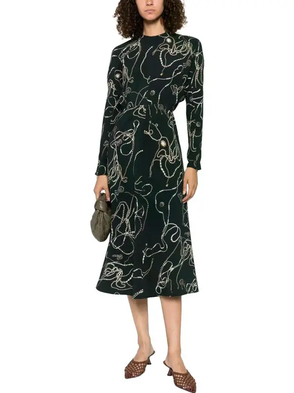 Victoria Beckham Dark Green Chain Print Long Sleeve Midi Dress - Black