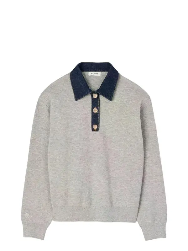 Sandro Contrast Denim Polo-collar Sweater - Grey