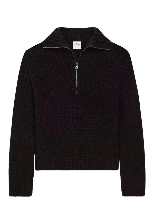 COURREGES Ribbed Knit Zip Neck Sweater - Black