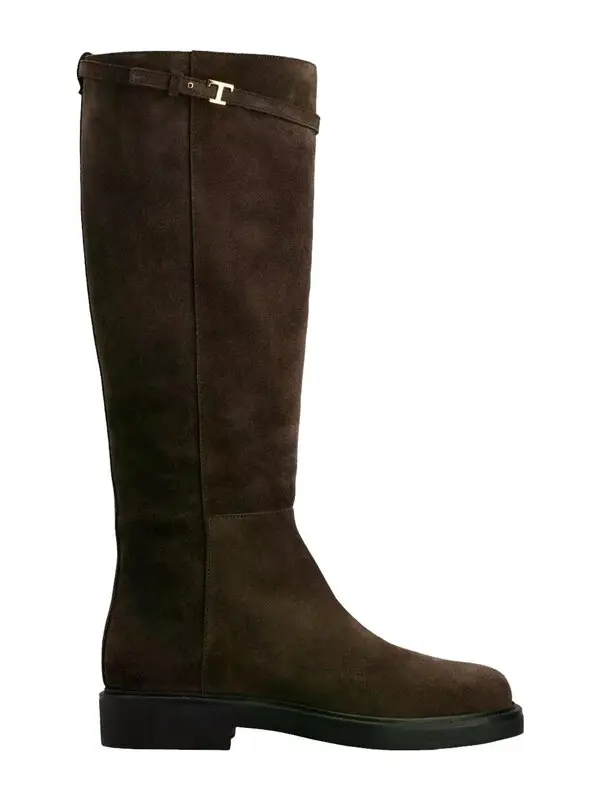TOD'S Suede Knee-high Boots With Logo Buckle Detail - Brown