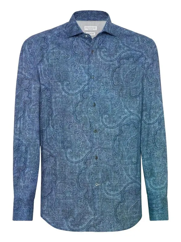 Brunello Cucinelli Patterned Jacquard Cotton Shirt - Blue