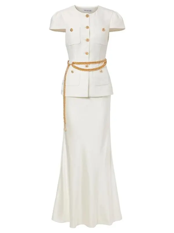 SELF-PORTRAIT Belted Maxi Dress In Cream Taffeta - White
