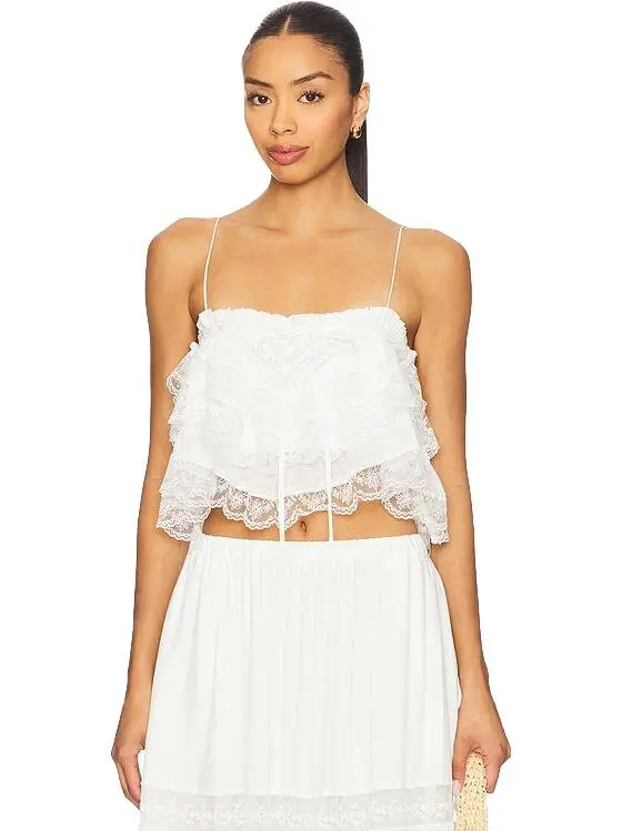Ronny Kobo Carlton Lace Tiered Ruffle Cropped Top - Ivory