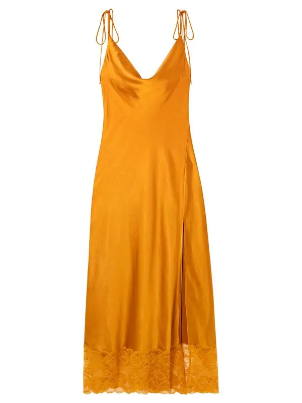SELF-PORTRAIT Lace-trimmed Satin Midi Slip Dress - Orange
