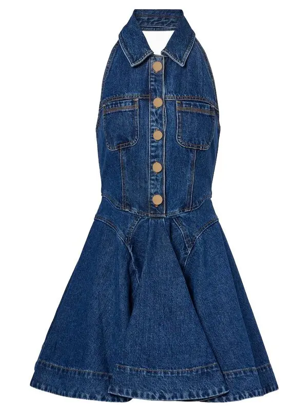 SELF-PORTRAIT Flared Denim Midi Dress - Blue