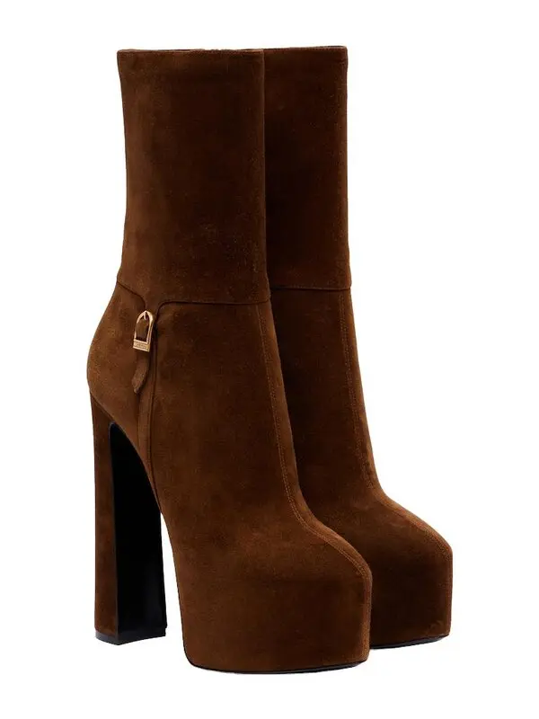 Saint Laurent Nico Suede Platform Ankle Boots - Brown