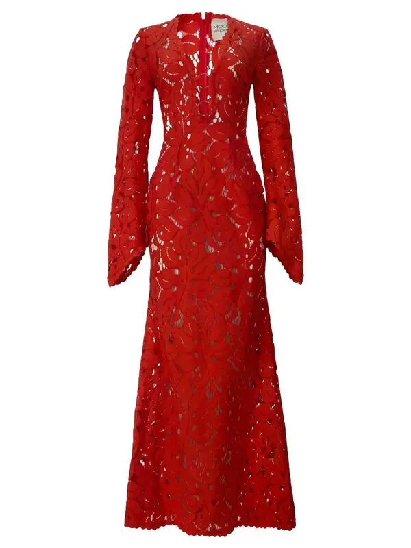 MOOS STUDIO Flame Bloom Lace Maxi Dress - Red